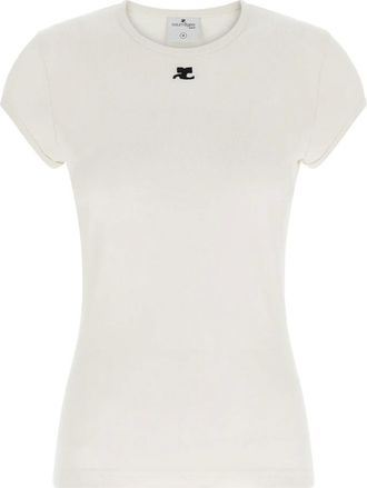 Courr&egrave;ges Femme, Tops, Blanc, Taille: 42 FR Thick Cotton Crew Neck T-Shirt