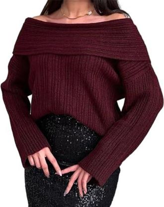 ORANDESIGNE Pull à Épaules Larges pour Femme Sexy Manche Longue Ample Pullover Hiver Chaud Tricot Tops Vetement Tricoté Chic A Vin Rouge M