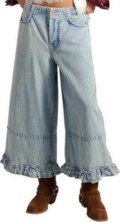 Generic Jean large &agrave; taille &eacute;lastique &agrave; volants pour femme - Pantalon baggy d&eacute;contract&eacute; avec poches - Pantalon large pour femme, bleu clair, XL