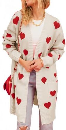 Generic Cardigan en tricot pelucheux en forme de coeur pour femme, col en V, ouvert sur le devant, tricot c&ocirc;tel&eacute; en forme de coeur, manteau ample en tricot av