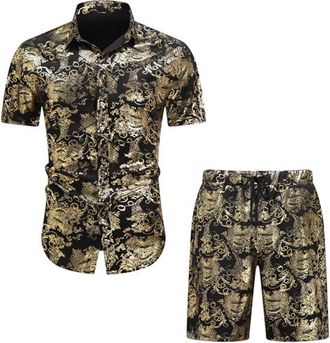 AlltheMen Chemises Homme Manches Courtes 2 Pièces Shirt Bouttons et Pantalon été Casual Tops Paisley Ensemble Hawaïenne Or XXL