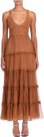 Ermanno Scervino Femme, Robes, Brun, Taille: 36 FR Longue Robe Maxi en Mousseline &agrave; Volants