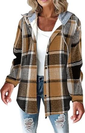 Minetom Veste a Carreaux Femme Chaud Doublure Polaire Sweat &agrave; Capuche Manches Longues Hoodie avec Boutons Automne Hiver Manteau A Marron XL