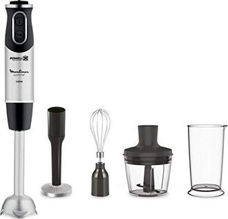 Moulinex Pied mixeur, 1000 W, 10 vitesses, Pied métal, Accessoires hachoir, Fouet et presse purée, Quickchef 4-en-1 DD65H810, Noir/Inox