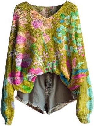 Generic 2025 Pull Femme Hiver Vintage Imprim&eacute; Floral Boh&egrave;me Pullover Tricot&eacute; Chic Col Rond Manche Longue Sweater Motif Jacquard Tunique Grande Taille Casual V