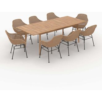 Rendez-Vous D&eacute;co Table et chaises de jardin 8 personnes en bois de teck, r&eacute;sine tress&eacute;e - Carmela