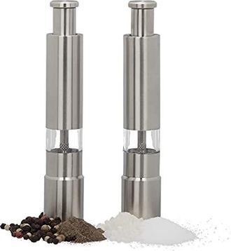 Relaxdays Pfeffermühle 2er Set manuell, Edelstahl, handlich, Gewürzmühlen, f. Reisen, unterwegs, per Daumendruck, silber