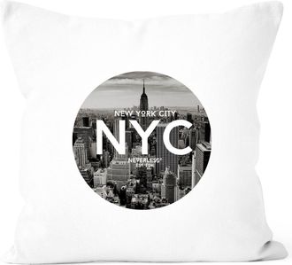 Autiga Kissenbezug Kissen-H&uuml;lle 40x40 NYC New York City Manhatten Skyline Fotoprint Deko-Kissen aus Reiner Baumwolle wei&szlig; 40cm x 40cm