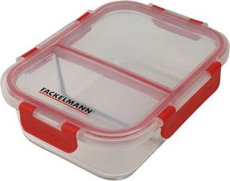 Fackelmann 47394 Boite de conservation en verre à 2 compartiments 1050mL, Lunchbox en verre et couvercle hermétique à clips, Verre, Plastique, Rouge, 21x16cm