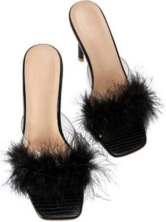 Hemoton Sandales &Eacute;t&eacute; Fluffy Decor pour Fille Talons Fins Carr&eacute;s Motifs Duveteux