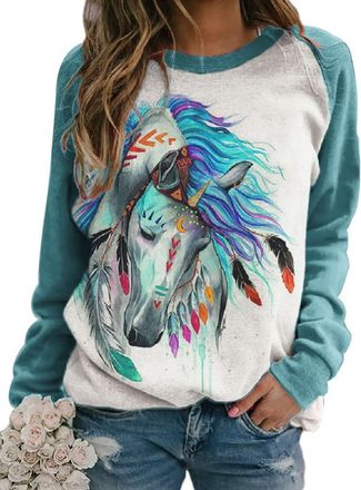 Onsoyours Pferd Druck Damen Pullover Warm Winter Druck Frauen Langarm Casual Pulli Sport Hoodie Damen Lose Hoodie Herbst Kapuzenpullover C Muster-1 XXL