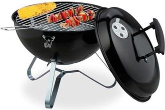 Relaxdays Kugelgrill, tragbar, Ø 37 cm, Picknickgrill für Garten & Park, Holzkohlegrill mit Deckel, Rundgrill, schwarz