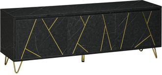 HOMCOM Homcom - Meuble tv banc tv style art déco - 3 portes, 2 étagères - piètement épingle métal doré mdf aspect marbre noir rainures dorées