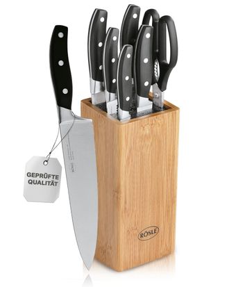 Rösle CUISINE Bürsten Messerblock, 7-tlg. Set: Bambusholzblock mit 5 scharfen Küchenmessern und einer Küchenschere, Klingenspezialstahl, Fingerschutz, schar