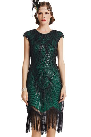 Babeyond Damen Kleid voller Pailletten 20er Stil Runder Ausschnitt Inspiriert von Great Gatsby Kostüm Kleid (Grün, XXXL (Fits 96-100 cm Waist))