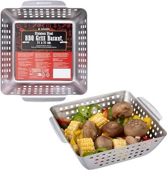Navaris Panier de Grillade Barbecue Inox - Accessoire Grille de Cuisson pour BBQ Grill et Gaz - Bac Perfor&eacute; 21 x 21 cm avec Poign&eacute;es en Acier pour Poisson Via