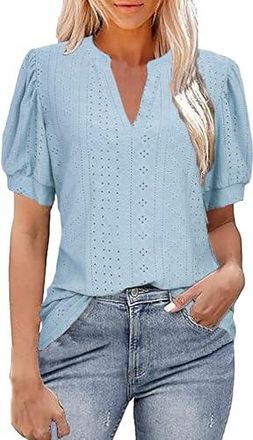 Generic Chemise unie à manches courtes pour femme, chemisier ample pour femme, chemisier dété à col en V, chemises à manches courtes ajourées mignonnes en den