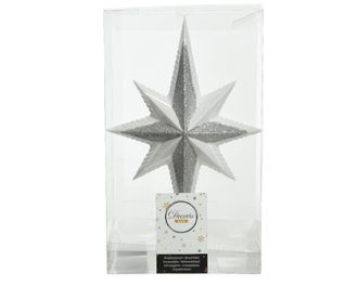 Kaemingk Christbaumspitze Kunststoff 25cm Stern mit Glitzer Weihnachtsbaumspitze weiß winterweiß Silber