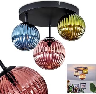 HOFSTEIN Deckenleuchte Chehalis, 3-flammige Deckenlampe aus Metall/Riffelglas in Schwarz/Blau/Grün/Kupfer, Leuchte im Retro/Vintage-Design (Schirme Ø 12; 15cm)