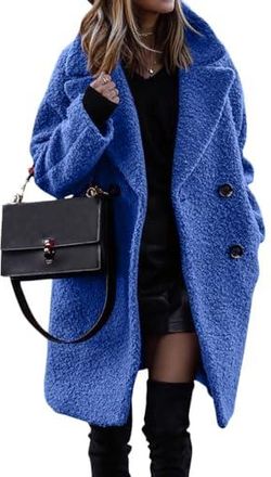 ORANDESIGNE Manteau dhiver Femme Duveteux Polaire Revers Manches Longues Bouton Chaud Fausse Fourrure Vêtements Dextérieur Veste Sherpa Cardigan A Bleu Royal XXL