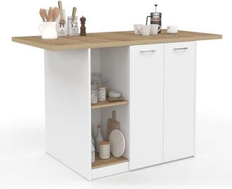 IDMarket Ilot Central BAO 140 cm 4 Personnes Bois Blanc avec Plan de Travail fa&ccedil;on h&ecirc;tre