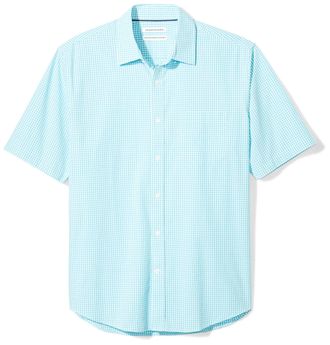 Amazon Essentials Herren Kurzärmeliges Hemd aus Popeline, Normale Passform, Aquablau Vichy-Muster, XXL