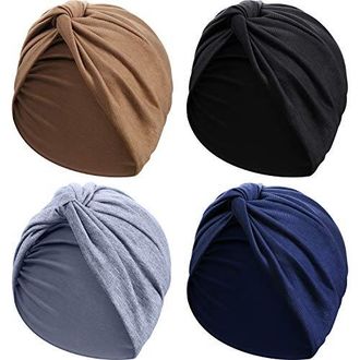 Satinior 4 Pièces Turbans pour Femmes Doux Turban Plissé Noué à la Mode Bonnet Headwrap Turban Chapeau de Sommeil, 4 Couleurs (Noir, Kaki, Bleu Marine, Gris)