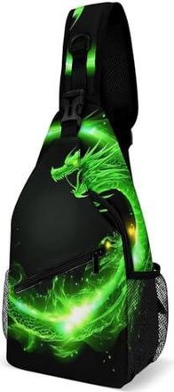 Generic Sacoche Tactique Dragon dr&ocirc;le de flamme verte et noire Casual Sacs Poitrine Mode Sling Sac &agrave; Dos pour Randonn&eacute;e Cyclisme Femme