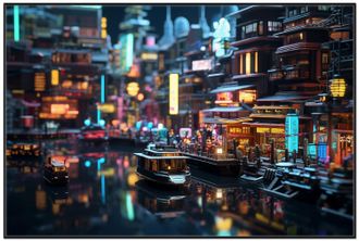 Wallario Wandbild - Stadt bei Nacht in Premiumqualität, Poster mit schwarzem Rahmen, Größe: 61 x 91,5 cm