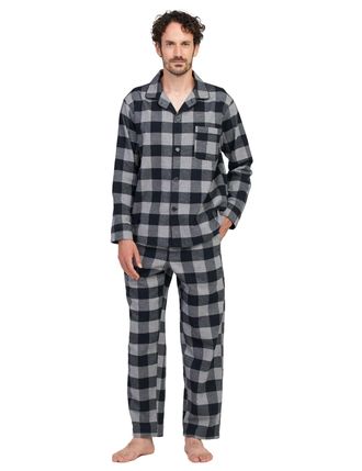 Lapasa Herren Pyjama-Set Relaxed Fit Schlafanzugset, Flanell Hose & Baumwolle Top M79, Schwarz + Graumeliert, L