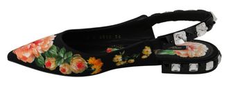Dolce & Gabbana Womens Black Floral Crystal Slingbacks Flats Shoes Viscose
