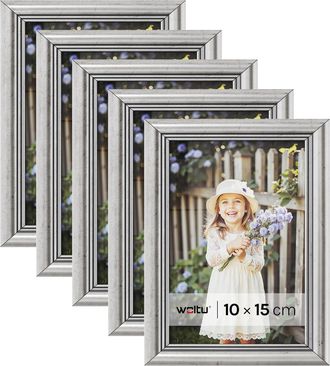 Woltu Bilderrahmen 10x15, 5er Set Fotorahmen aus Massivholz und PS-Platte, Holzrahmen mit Passepartout, zum vertikalen oder horizontalen Aufhängen/Aufstelle