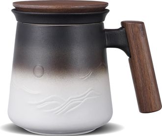 Zens Teetasse mit Deckel und Sieb, 430ml Holzgriff Gro&szlig; Teebecher mit Teesieb und Holz Deckel f&uuml;r Losen Tee, Keramik Teetassen Geschenk f&uuml;r Teeliebhaber,Sc