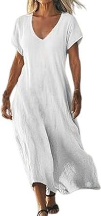 Generic Robe de plage d&eacute;t&eacute; en coton &agrave; manches courtes et col en V pour femme - Robe longue confortable et fluide, blanc, 5XL