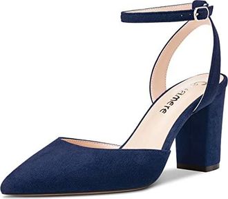 Castamere Femmes Bloc Chunky Haut High Talon Heel Pointu Bout Lanières Cheville Two-Piece Escarpins Mariage Dress 8 CM Heels Bleu Marine 40 EU
