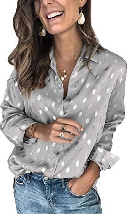 ORANDESIGNE Chemisier Femme Manches Longues T Shirt à Pois Chic Col en V Blouse Tunique Décontractée Classique Chic Boutonné Chemise Tops Argenté 44