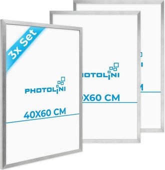 Photolini Bilderrahmen 40x60 3er Set Silber Holz MDF, Bilderrahmen 60x40, bruchsicheres Acrylglas, picture frame 40 x 60 zum Aufhängen, extra Zubehör - für Foto