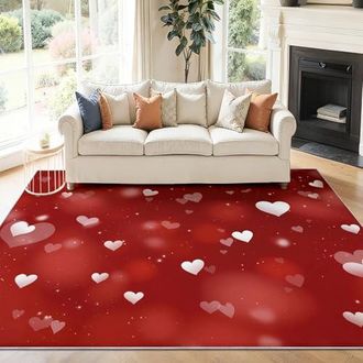 Generic Tapis 140 x 200 cm Lavable Poil Ras Anti Slip Chambre - Romantique &Eacute;l&eacute;gant Saint-Valentin Coeur Th&egrave;me Tapis de Salon, Rouge Moquette Decoration Maison
