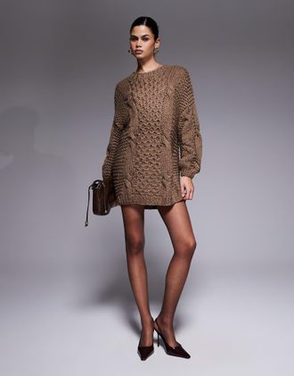 Kiwi & Co Orla - Robe pull courte en maille torsadée tricotée à la main avec des manches ballon - Moka-Brown