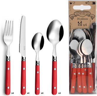Amefa Besteck SAXO, Tafelbesteck für 4 Personen, Edelstahl Kunststoff 18/0, rot, 16-teilig