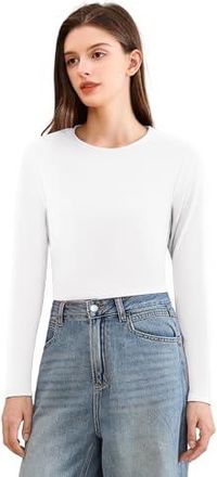 Power Flower Haut Thermique à Manches Longues Femme - Col Rond, sous-Vêtement Doublé en Polaire, Doux et Chaud (90055-White, S-M)