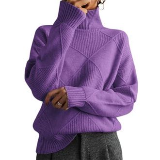 Generic Pull à col roulé pour femme, automne et hiver, manches longues côtelées, coupe unie, pull décontracté confortable et chaud pour le travail, violet, XX