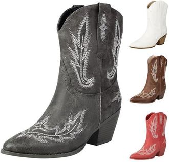Generico Bottes Cowboy pour femme avec broderies confortables marron &eacute;l&eacute;gantes et larges talons larges pour femme style cowboy id&eacute;ales pour la saison automne/h