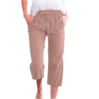 Generic Pantalon capris 3/4 pour femme en coton et lin taille haute &eacute;lastique avec cordon de serrage pour l&eacute;t&eacute; et lautomne, couleur unie, poches amples, panta