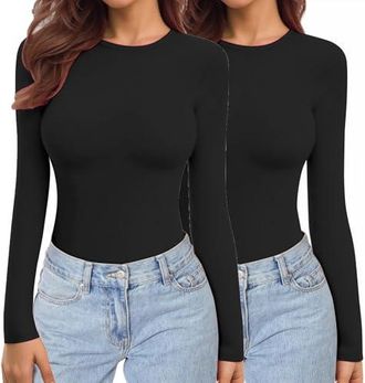 Ekouaer Hauts Thermiques Femme à Manches Longues Chemises Basiques Col Rond 2 Pièces Maillot de Corps T-Shirt Chaud, Noir + Noir S