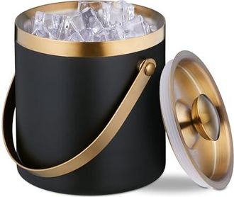 Relaxdays Seau à Glace, Acier Inoxydable, à Double paroi, avec Couvercle et Anse, 1,5 L, Contenant glaçons, Noir - doré