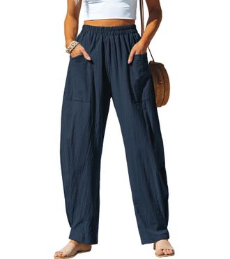Cupshe Damen Hose Leinenhose mit Elastischem Bund und Großen Taschen, Bequeme Weite Sommerhose, Dunkles Marineblau, XL