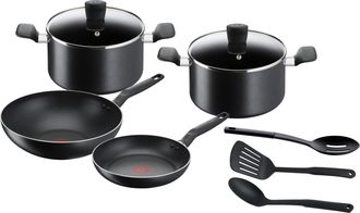 T-fal Super Cook B459S984 Kochgeschirr, 9-teilig, Pfanne 24 cm + Wok 28 cm + Kochtöpfe 22/24 cm + Kochgeschirr, keine Induktion, Antihaftbeschichtung, ergon