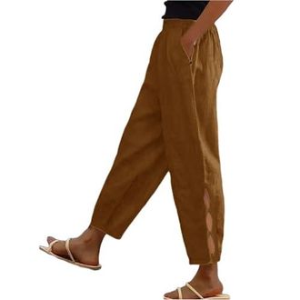 Generic Pantalon en lin pour femme - Pantalon d&eacute;t&eacute; en coton et lin - Taille &eacute;lastique - Jambe droite - Pantalon d&eacute;t&eacute; en coton avec poches - Pantalon de plage 