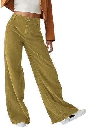Generic Pantalon de travail d&eacute;contract&eacute; en velours c&ocirc;tel&eacute; pour femme, taille haute, coupe droite, ample et confortable avec poches, Lin bleu., XXL